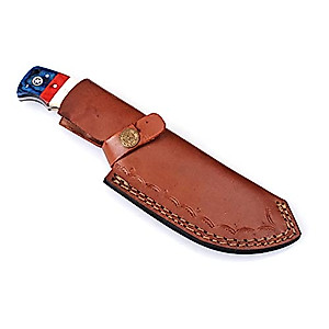 zZZ Damascus Gut Hook Skinning hunting Knife With Leather Sheath- Best Damascus Steel American Flag Hunting Knife