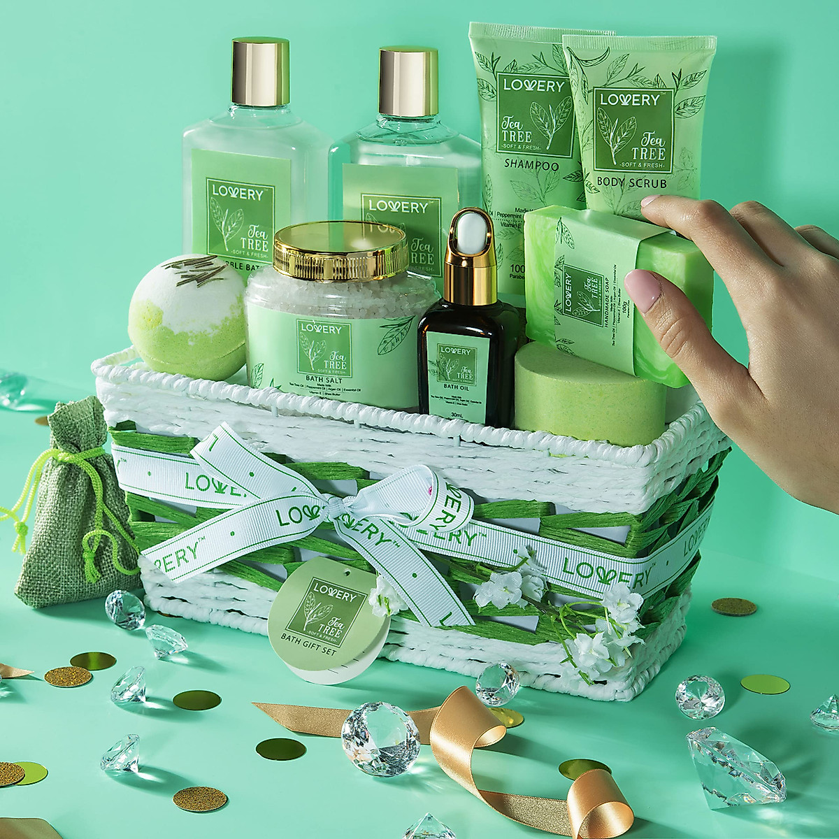 Tea Tree Bath Set - Luxury Home Spa Set with Calming Mint Fragrance – 15 pc Relaxation Gift Basket with Tea Tree Bath Oil,Shower Gel, Bubble Bath, Handmade Soap, Steamer Tablet, Potpourri & More