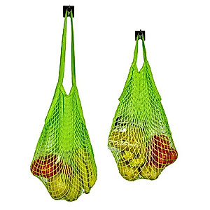 Modo Reusable (2 Pack) String Cotton Net Shopping Bags 1 Short & 1 Long Handle Bag Multipurpose Toys Storage (Neon Green)
