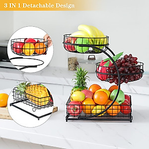 Tiaoheka 3 Tier Fruit Basket for Kitchen, Metal Wire Fruit Bowl for Kitchen Counter, Detachable Fruit Vegetables Storage Basket Holder Stand for Countertop Dining Table(Round and Square, Black)