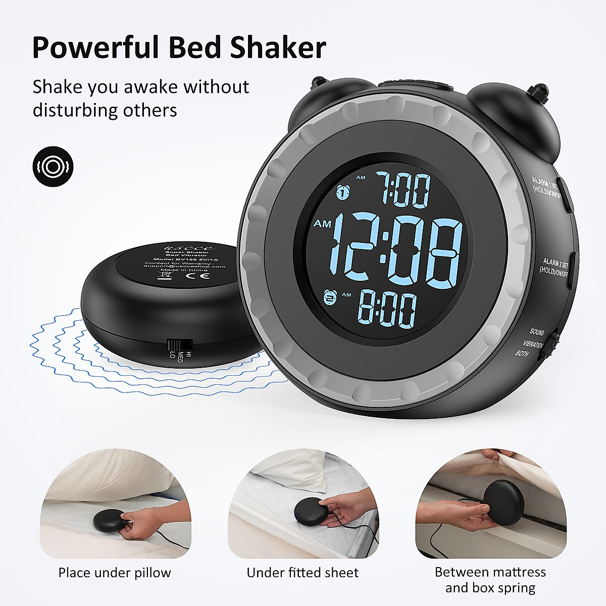 uscce Loud Dual Alarm Clock with Bed Shaker - 0-100% Dimmer, Vibrating Alarm Clock for Heavy Sleepers or Hearing Impaired, Easy to Set, USB Charging Port, Snooze, Battery Backup