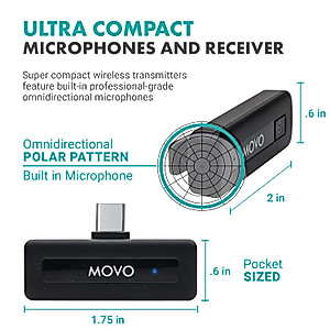 Movo Wireless Mini USB-C DUO Wireless Microphone for iPhone 15 - Ultracompact Bluetooth Microphone for iPhone 15 with Clip on Wireless Lavalier Microphone for iPhone 15