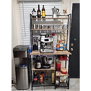 X-cosrack 5-Tier Coffee Bar Rack, Industrial Bakers Rack with Storage Shelves Hooks, Microwave Rack Organizer with Wire Basket Drawer for Kitchen, Coffee Station Pantry, (Rustic Brown)