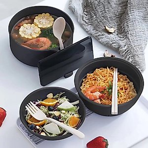 Microwave Ramen Bowl Cooker Set - Wheat Straw Instant Noodles Bowl with Handles, Ramen Noodle Cooker with Spoon Chopsticks Fork, College Dorm Room Apartment Essentials (Black)