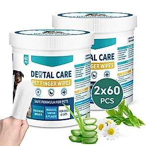 Teeth Cleaning Wipes for Dogs & Cats, Dog Tooth Brushing Kit Dog Dental Wipes, Reduces Tartar & Plaque Fresh Breath Dog Teeth Cleaning Finger Toothbrush, Disposable Gentle Dog Teeth Wipes, 120 Counts