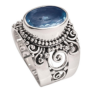 NOVICA Artisan Handmade Blue Topaz Single Stone Ring Sterling Silver from Bali Cocktail Indonesia Gemstone Birthstone [crownbezel 0.7 in H x 0.6 in W x 0.3 in D Band Width 8 mm W] ' Glorious Vines'