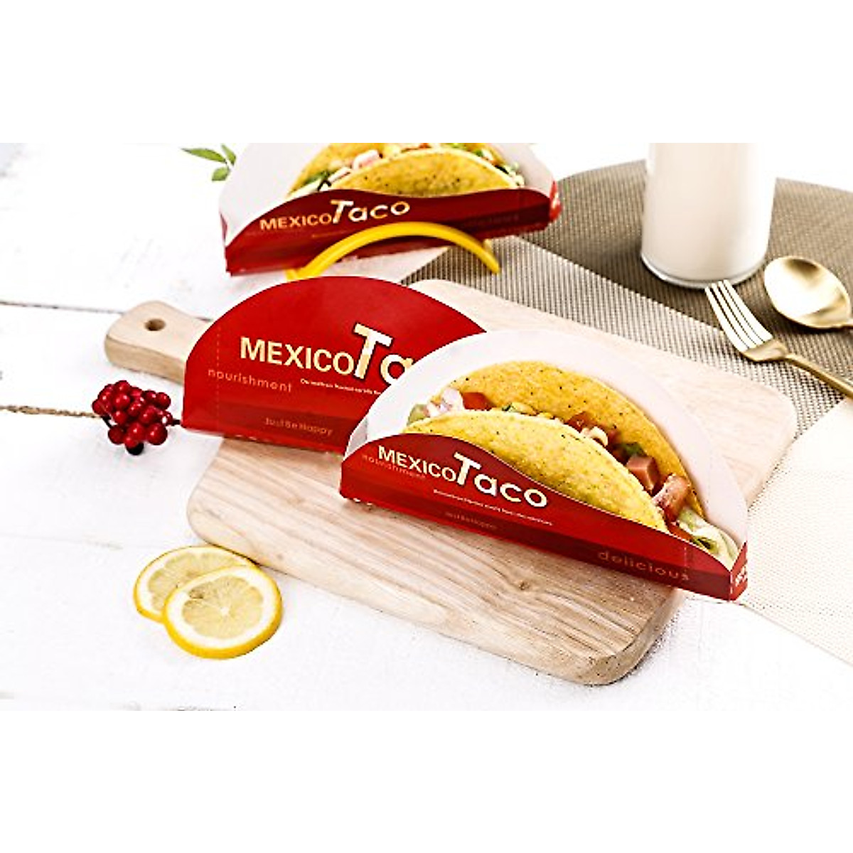 Disposable Taco Holder Taco with Recipes E-BOOK - Perfect For Party and Take Out Restaurant - Durable Paperboard Taco Rack -50 Pack