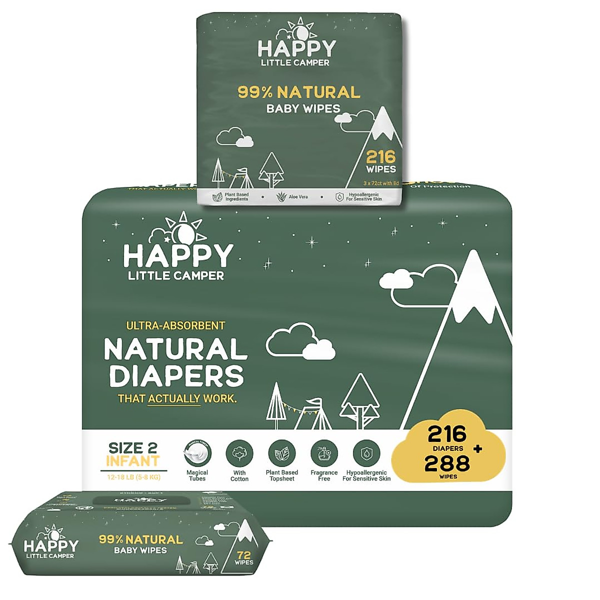Happy Little Camper Ultra-Absorbent Natural Baby Diapers Size 2 - Hypoallergenic, Unscented & Chlorine-Free Disposable Diapers (216 Count) Come with Natural Baby Wipes (288 Count) for Sensitive Skin