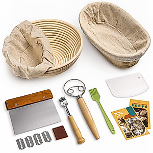RORECAY Bread Banneton Proofing Basket Set of 2, 9 Inch Round & 10 Inch Oval Cane Sourdough Baskets with Bread Lame + Dough Scraper + Linen Liner + Basting Brush for Bread Making Baking Fermentation