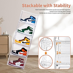 12 Pack Clear Shoe Boxes Stackable,Large Shoe Storage Organizer with Magnetic Door,Drop Side Shoe Containers for Entryway,Sneaker Storage Fit up to US Size 13 for Men/Women(13’’x 10.62”x 8.26”）