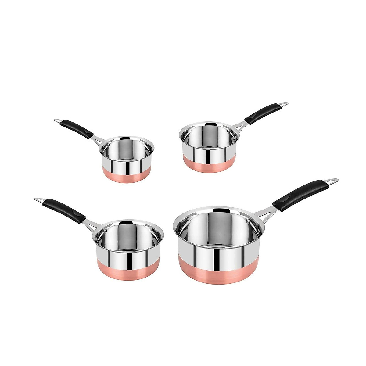 4 Pcs Set - Stainless Steel Copper Bottom Saucepan, Tea Coffee Pan, Milk Pan, Tapeli Patila, Sauce Pot (Capacity-800 ml,1200 ml,1700 ml, and 2000 ml).