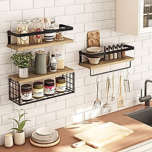 Fixwal 3+1 Tier Wall Mounted Floating Shelves with Metal Frame, Rustic Wood Bathroom Shelves Over Toilet with Wire Storage Basket and Towel Bar for Bathroom, Kitchen, Bedroom (Rustic Brown)