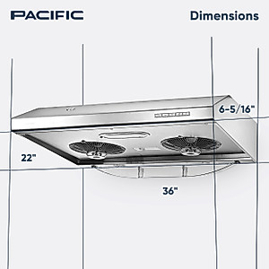 Pacific Auto Clean Under Cabinet Ducted Range Hood 36" - 900 CFM Powerful Kitchen Vent Hood - Electric Stainless Steel, Ultra Quiet, Touch Control, Filterless, LED Lights, Auto Cleaning ‎AC3036BS