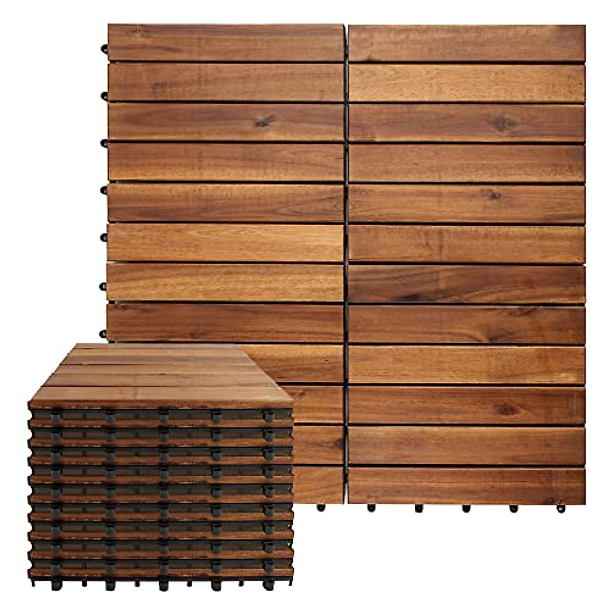 Acacia Wood Interlocking Deck Tiles for Outdoor/Indoor - (Pack of 10) 12"x12" All Weather Balcony Flooring - Snap Click Together Patio Tiles - Portable Waterproof Dance Floor Covering, Outside Walkway