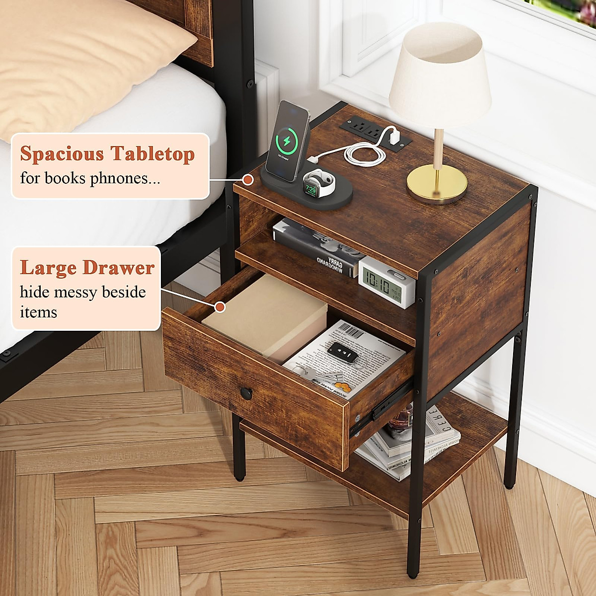 DOGIBIXO Nightstand with Charging Station, Bed Side Table with Drawer, Night Stand for Bedroom, 3-Tier Storage End Table for Living Room1