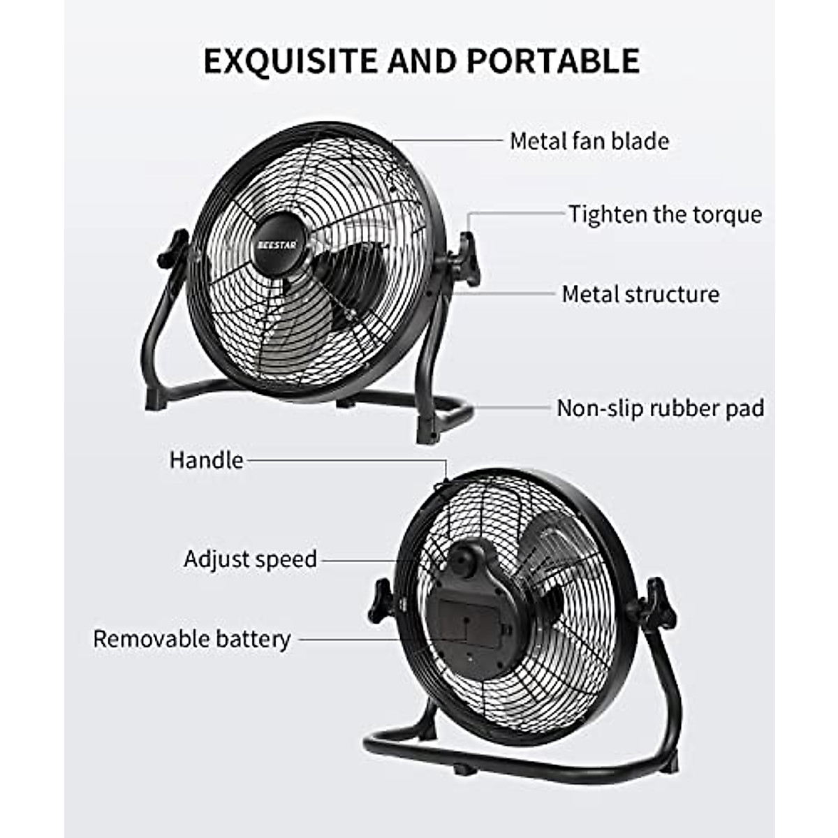 BEESTAR Battery Operated Fan, 10 Inch Rechargeable Fan Portable,High Velocity Fan with Metal Blade Run Up to 10 Hours,5200 mAh Battery Powered Fan for Garage, Backyard, Camping, Travel