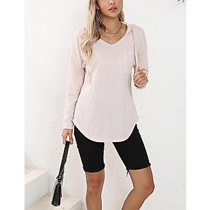 morhuduck Women's V Neck Hoodies Long Sleeve Sweatshirt Drawstring Pullover Tops with Pocket (Apricot M)