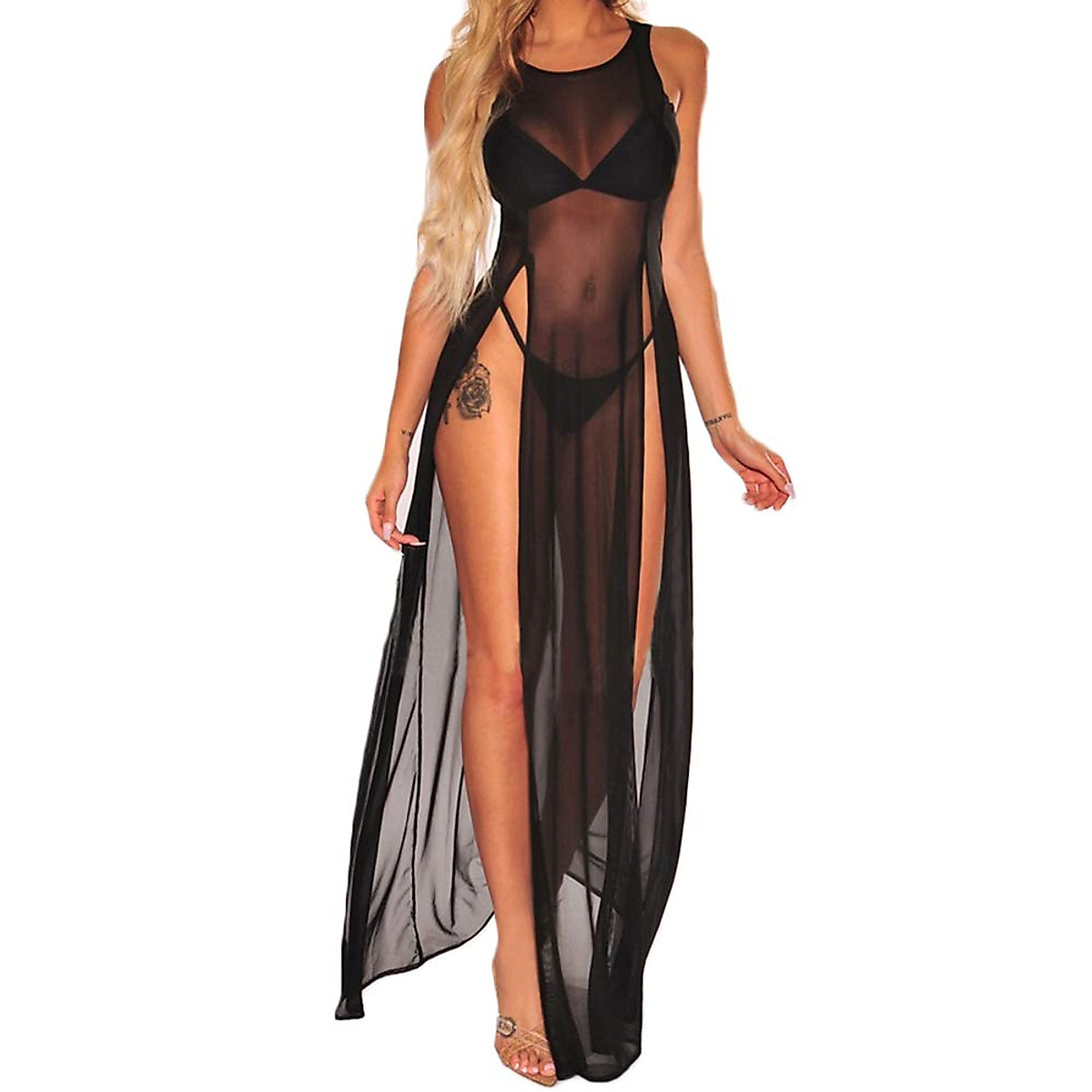 Women's Sexy Lingerie Sleepwear Night Gown Mesh See Through Slit Maxi Dress Bikini Cover Up (S, Black-Split)