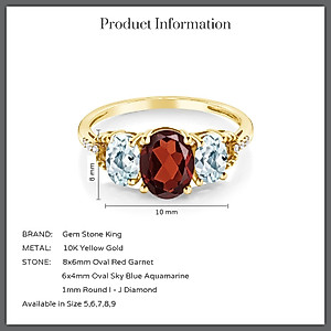Gem Stone King 2.54 Ct Oval Red Garnet Sky Blue Aquamarine 10K Yellow Gold Ring (Size 7)