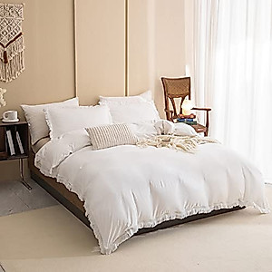 White Bedding Queen Boho Duvet Cover Set Shabby Chic Home Decor Tufted Tassel Beding Bohemian Farmhouse Bedding Set 1 Duvet Cover 2 Pillowcases (White, Queen)