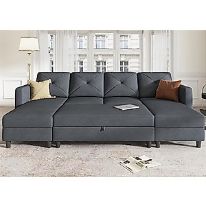 HONBAY Sectional Sleeper Sofa U Shaped Couch with Storage Ottoman for Living Room, Bluish Grey