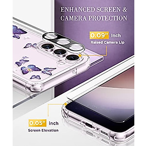 GVIEWIN Compatible with Samsung Galaxy S23 Plus Case with Screen Protector+Camera Lens Protector, Slim Shockproof Clear Floral Pattern Phone Protective Cover for Women 6.6" (Alluring Butterfly/Purple)