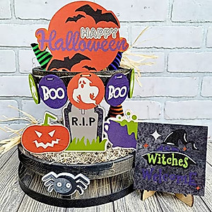 11 Pcs Halloween Tiered Tray Decorations,Halloween Signs for Halloween Home and Office Decor,Halloween Tray Decor with Witch Hat,Ghost,Bat,Tombstone,Pumpkin (1)