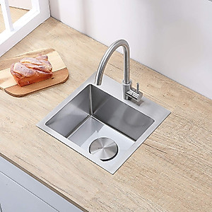 VAPSINT 15x15 inch 304 Stainless Steel Drop in Wet Bar Sink,Single Bowl Topmount Prep Rv Small Kitchen Sink with Grid and Drain