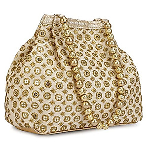 Indian Ethnic Designer Embroidered Silk Potli Bag Batwa Pearls Handle Purse (Golden-3)