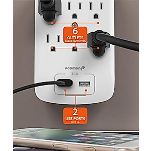 Fosmon 6 Outlet Surge Protector 1200 Joules with 2 USB Ports Charger (3.1A), Multi Plug Outlet Extender 1875 Watt, 3-Prong Grounded Wall Tap Adapter (2 Pack)