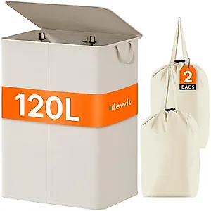 Lifewit 120L Laundry Basket with Lid, Large Double Laundry Hamper 2 Section Dirty Clothes Hamper for Bedroom with 2 Removable Laundry Bags, White
