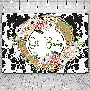 ABLIN 7x5ft Oh Baby Backdrop Black and White Cow Print Photography Background Pink Floral Holy Cow Baby Shower Banner Farm Cow Theme Baby Shower Decorations Photo Shoot Props, CQ327