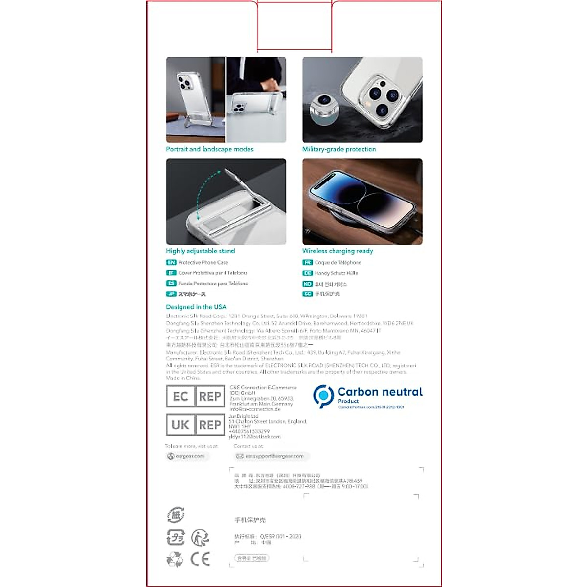 ESR for iPhone 14 Pro Case, 3 Stand Modes, Military-Grade Drop Protection, Supports Wireless Charging, Slim Back Cover with Stand, Phone Case for iPhone 14 Pro, Metal Kickstand Case, Clear