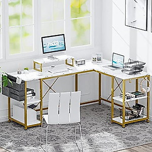 Lulive L Shaped Desk, 95" Reversible Corner Computer Desk with Shelves, Monitor Stand, Storage Bag, Hooks, 2 Person Long Desk for Home Office Writing Study Workstation (White Faux Marble)