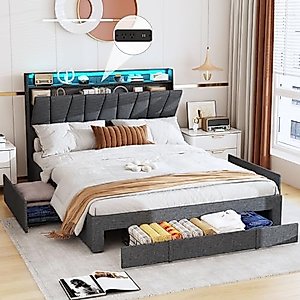 LED Queen Size Bed Frame with Storage Headboard and Charging Station,Upholstered Platform Bed with 3 Storage Drawers,Queen Bed Frame with LED Lights,No Box Spring,Noise-Free,Charcoal Gray