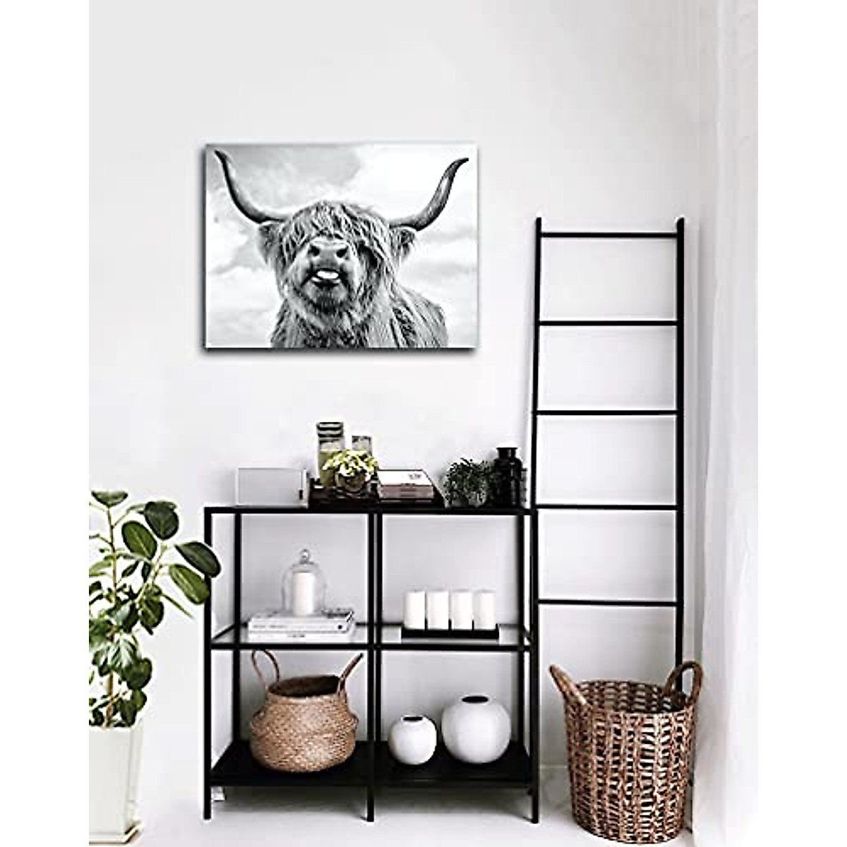 Highland Cow Canvas Print Black and White Highland Cow Wall Art Farmhouse Wall Decor Longhorn Highland Cattle Picture Stretched and Framed Ready to Hang for Living Room Bathroom Decor 12x16inch for fengyuyi