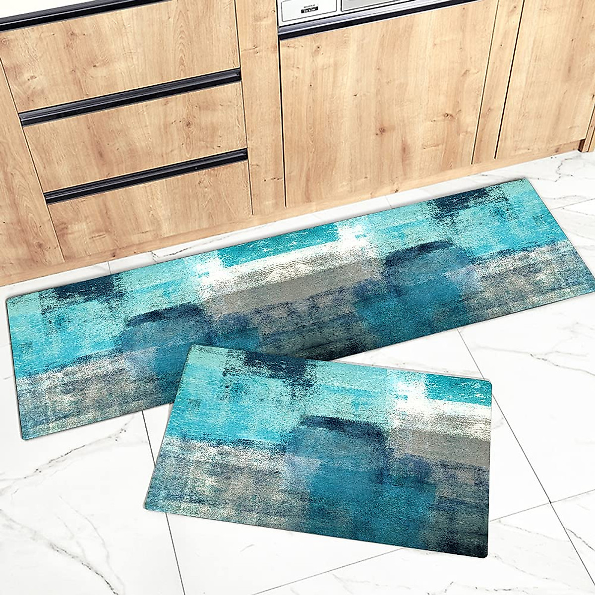 AILUER Kitchen Rug Set,Set of 2 Turquoise Modern Art Kitchen Rugs and Mats,Teal Non-Slip Kitchen Rugs for Kitchen Dining Room Laundry (Turquoise Rugs, 17"x29.5"+17"x47")