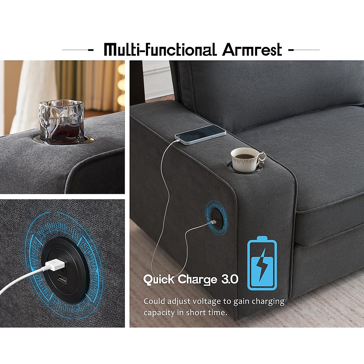 VanAcc Sofa, 2 Piece Set with Storage Ottoman, Modern Couches with Cup Holders & USB Charging Ports, 3 Seater Sofa and Loveseat- Charcoal Grey Chenille Couches for Living Room