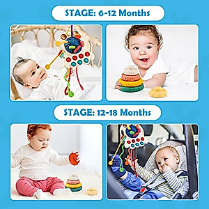 Baby toys for 6 to 12 Months Sensory Montessori Toys for 1 Year Old, Pull String & Stacking Toys for Early Development, Teething Travel Toys for Car Seat, Gifts for Infant 8 9 12 18 Months Toddler 1 2