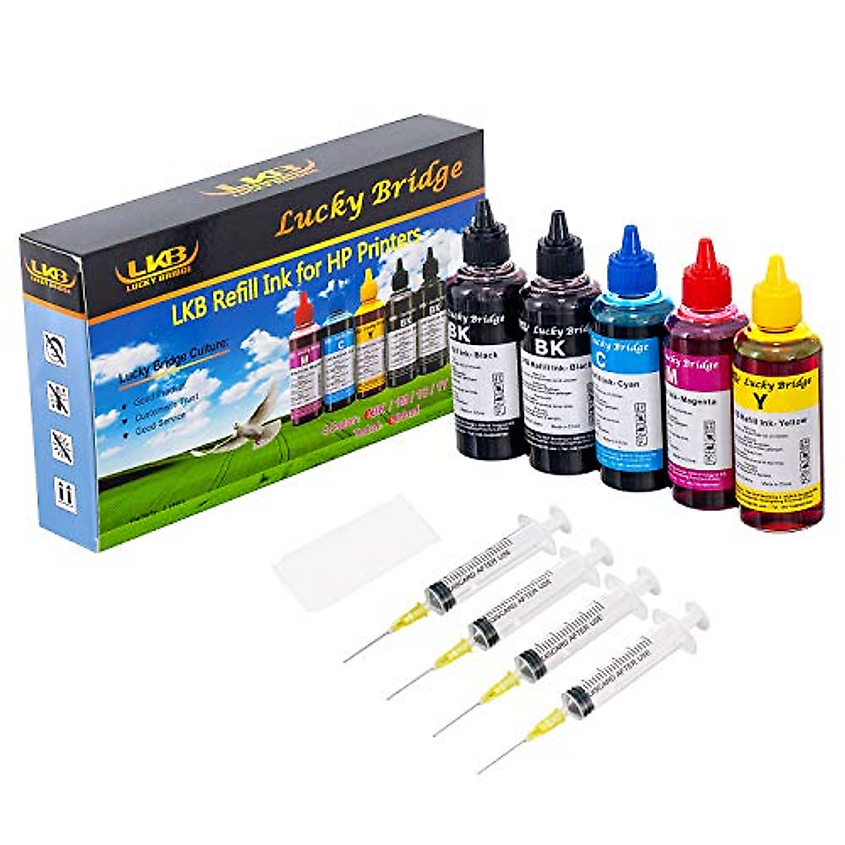 LKB Refill Ink Kit 4x100ml for HP 950 951 60 61 952 902 901 61 60 62 63 21 22 920 940 934 564 932 933 711 970 971 92 94 95 96 97 Cartridge or CIS CISS System 4 Color Set (400ml)-US