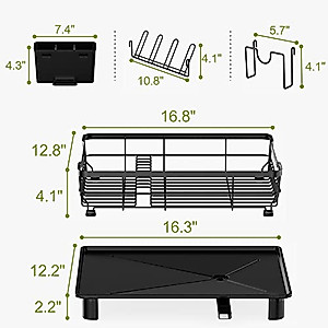 GSlife Dish Drying Rack with Drainboard - Dish Racks for Kitchen Counter with 12 Plate Slot and Cup Holder, Dish Rack with Cutting Board Holder and Higher Tray Feet, Utensil Holder with Spout, Black