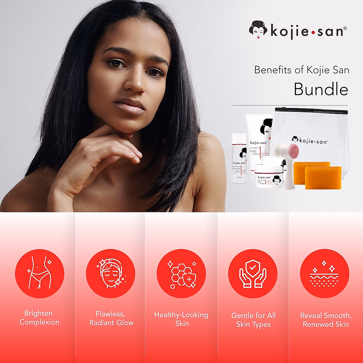 Kojie San Face & Body Complete Brightening Mini Set - 65 Gram x 2 Bars Soap, Body Lotion, Face Cream, and Facial Cleansing Brush