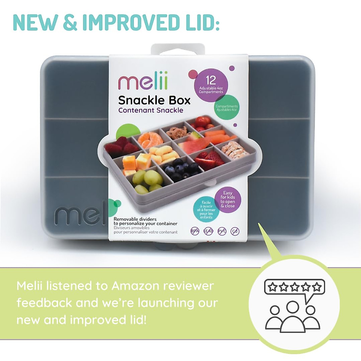 melii Snackle Box – Divided Snack Container, Food Storage for Kids, Removable Dividers, Arts & Crafts, Beads, BPA-Free – 12 Compartments (Grey)