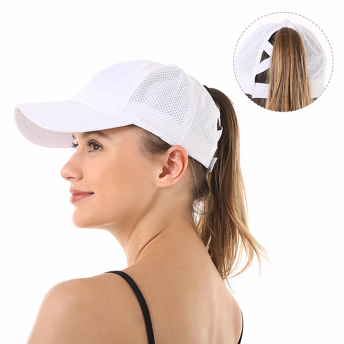 Koreshion Womens Criss Cross Ponytail Baseball Cap Adjustable High Messy Bun Ponycap Quick Drying Mesh Trucker Hats for Outdoor Sports Travel White