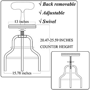LOKKHAN Adjustable Swivel Kitchen Counter Stool with Backs-20.47"-25.59" Tall Rustic Farmhouse Industrial Bar Stools Set of 2 Breakfast Dining Cafe Stool,Welded Legs Black Metal Wooden Seat