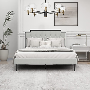 AGARTT Upholstered Platform Queen Size Bed Frame with Headboard Premium Stable Wood Slat Support No Box Spring Required Light Grey