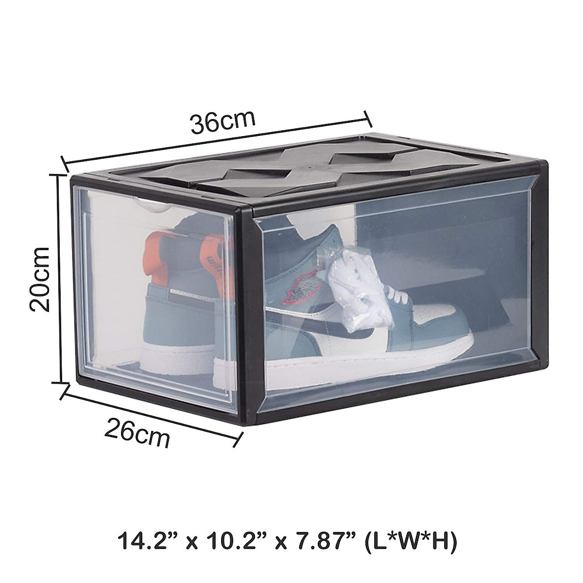 S-JIANG Shoe Boxes Clear Plastic Stackable, Drop Front Shoe Display Box Large Storage Containers Shoe Box Organizer for Sneaker Men Women (Black, 4 PACK)