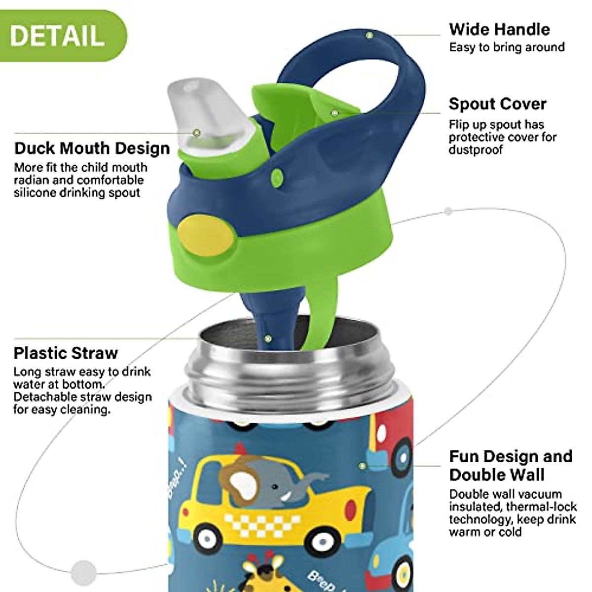 Kigai Funny Cartoon Car Kids Insulated Water Bottle with Straw - Stainless Steel Travel Tumbler Double Wall Vacuum Leak Proof Kids Cup Hot for School Boys Girls