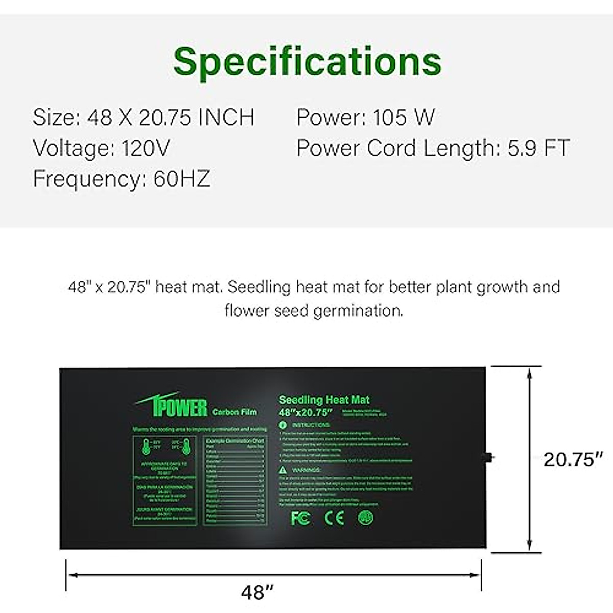 iPower GLHTMTCTRLV2PROL 48" x 20.75" Upgraded Carbon Film Seedling Heat Mat and Digital Thermostat Controller Combo Set for Seed Germination Plant Propagation, Black