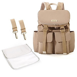 SUNVENO Diaper Bag Backpack, Large Capacity Nappy Changing Bag Featuring Bottle Pockets, Changing Pad, Stroller Clips and Comfortable Backpack Straps, Brown